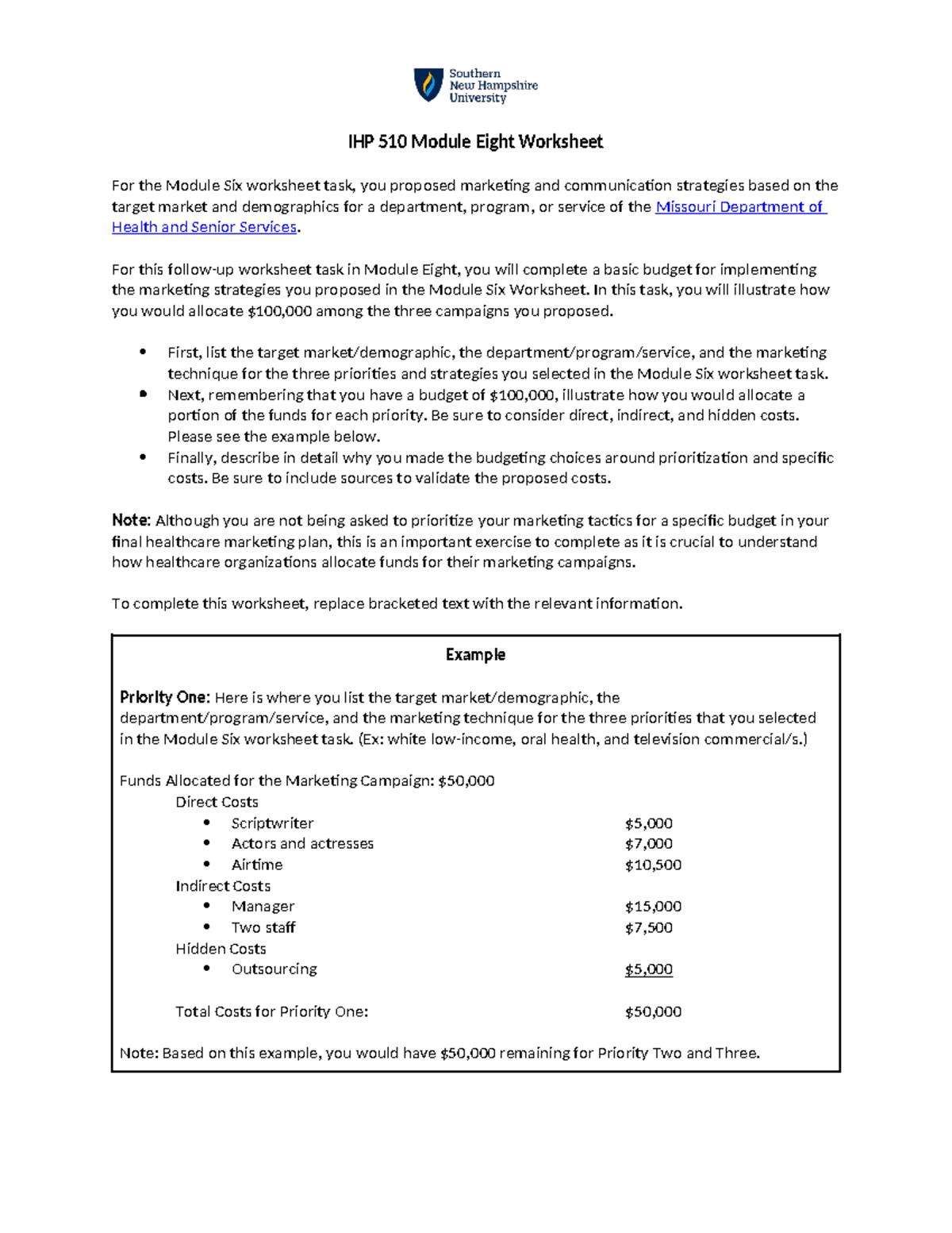 IHP 510 Module Eight Worksheet - IHP 510 Module Eight Worksheet For the ...