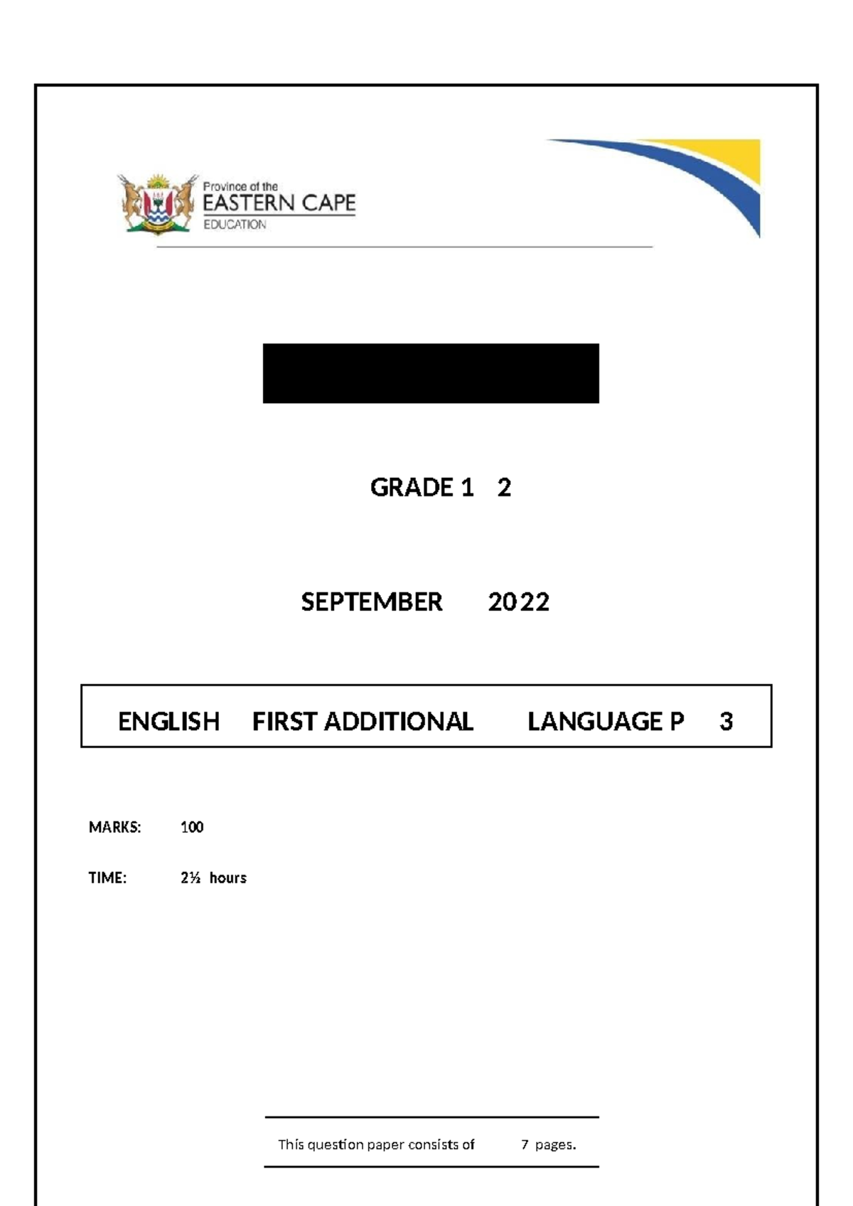 Engfal P3 GR12 September 2022 Exam Paper: English First Additional ...