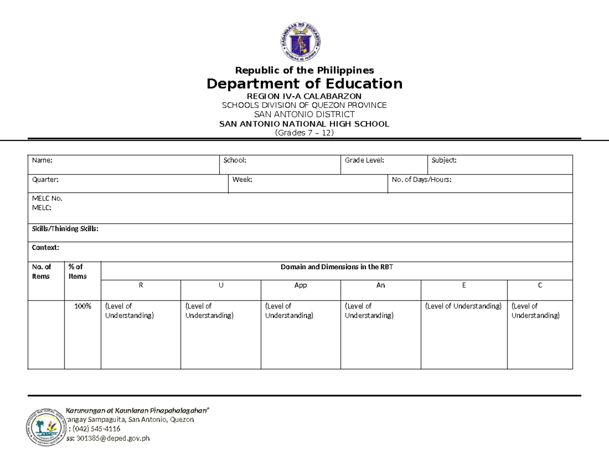 Multi-Dimensional Assessment Tool (MELC) Template for Jr. High - Studocu