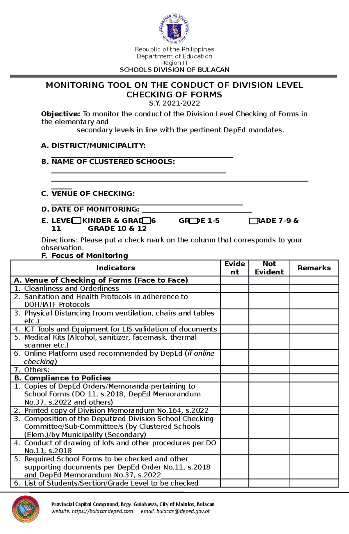 2022 Monitoring Tool for the Conduct of Division Level Checking of ...