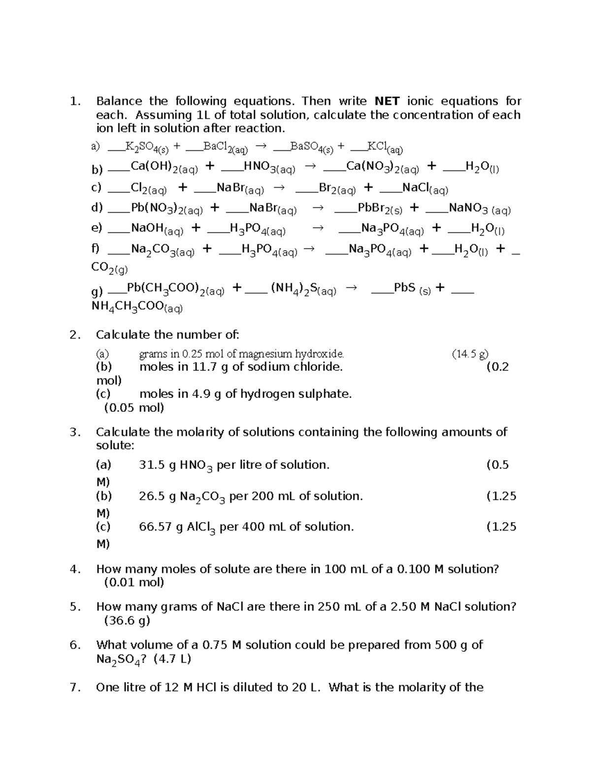 22 Solutions Stoichiometry Practice Problems with Answers - Balance the ...