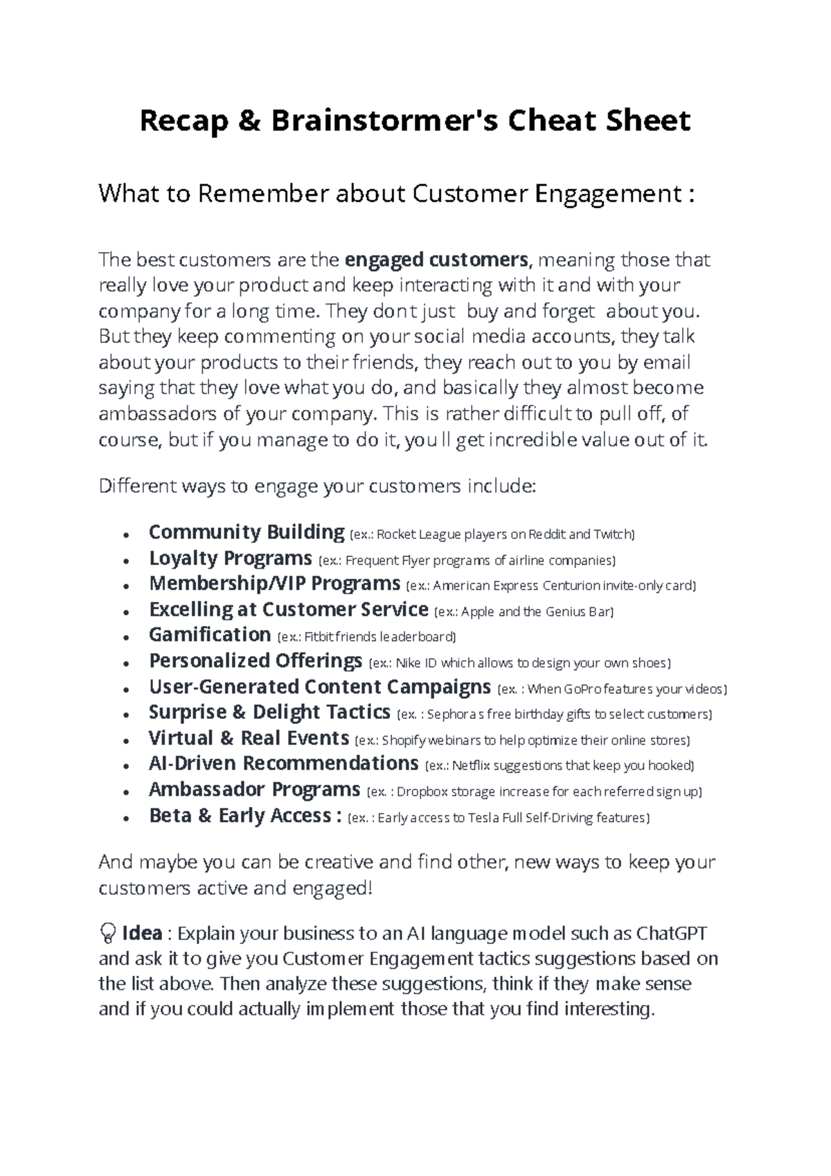Recap Cheat Sheet: Key Tactics for Customer Engagement - Studocu