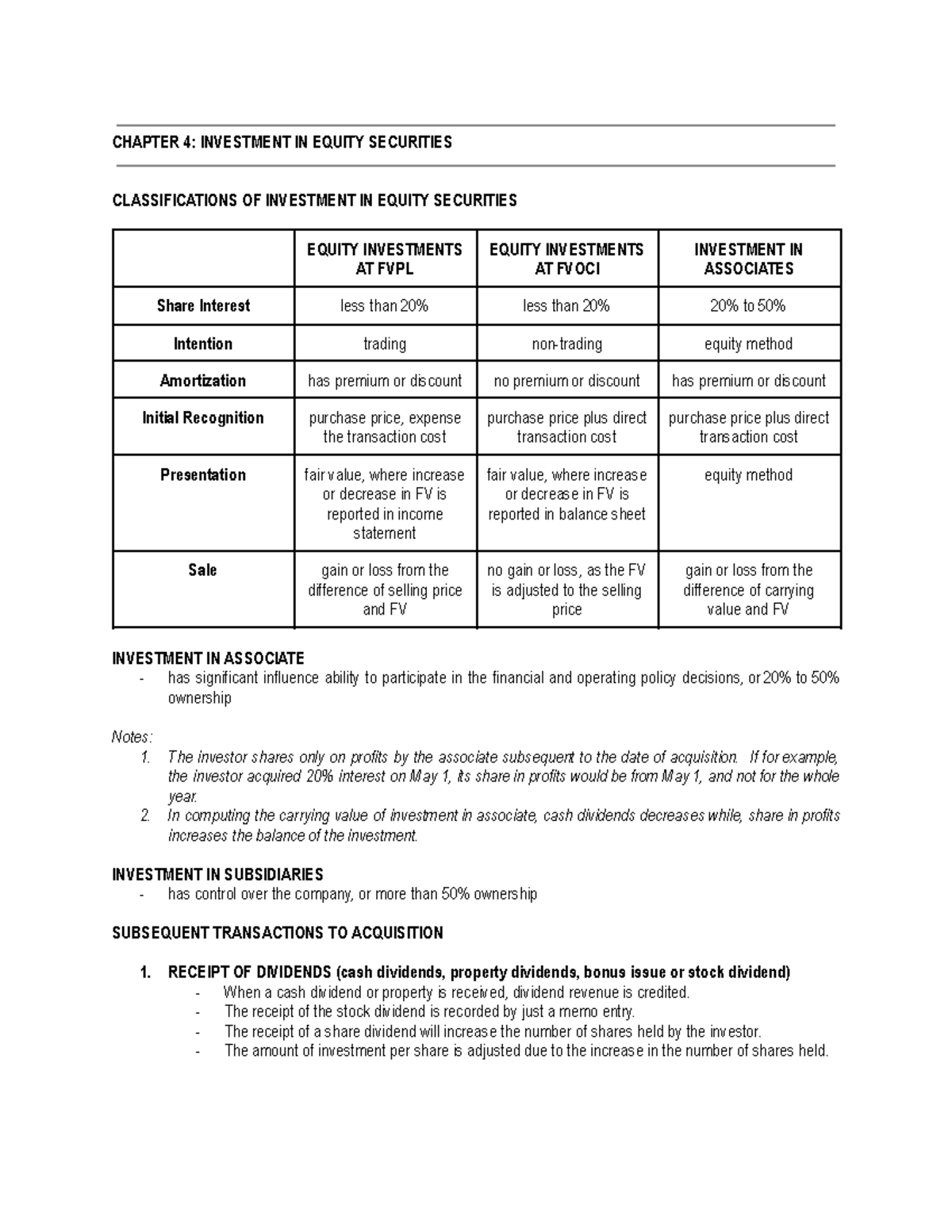 Investment in Equity Securities: A Comprehensive Overview (Chapter 4 ...