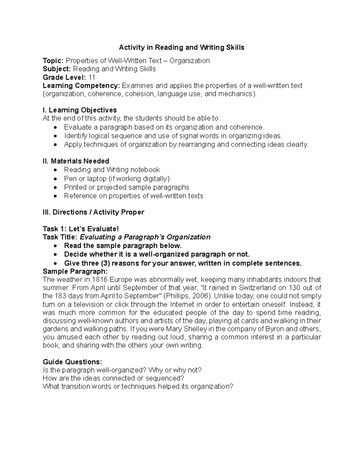 111125 - Activity on Text Organization in Reading & Writing Skills ...