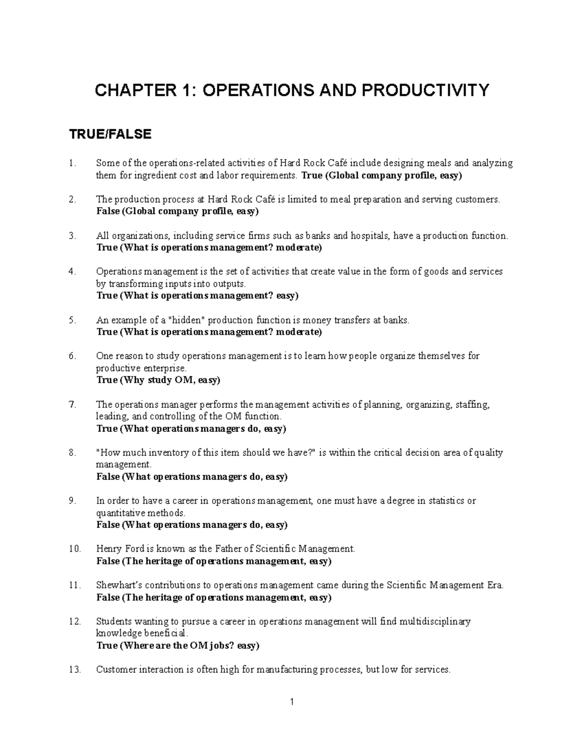 POM Chapter 1 Testbank: Operations Management Concepts Overview - Studocu