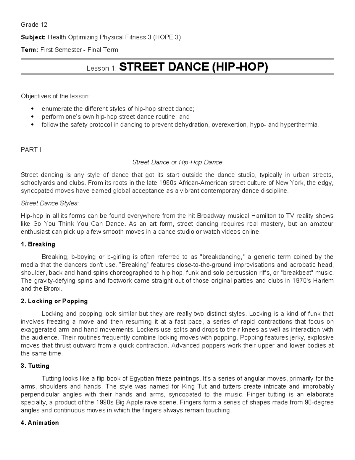 HOPE 3 - Final Term Lesson on Hip-Hop Street Dance Techniques - Studocu