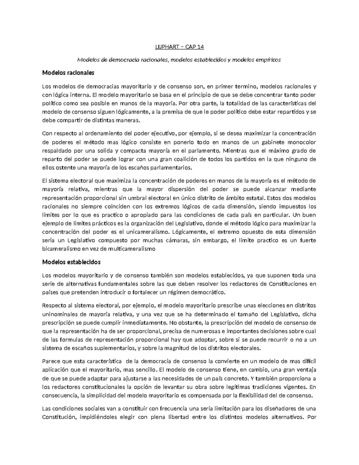 Lijphart Cap 14 - Resumen de Modelos de Democracia Racional y ...