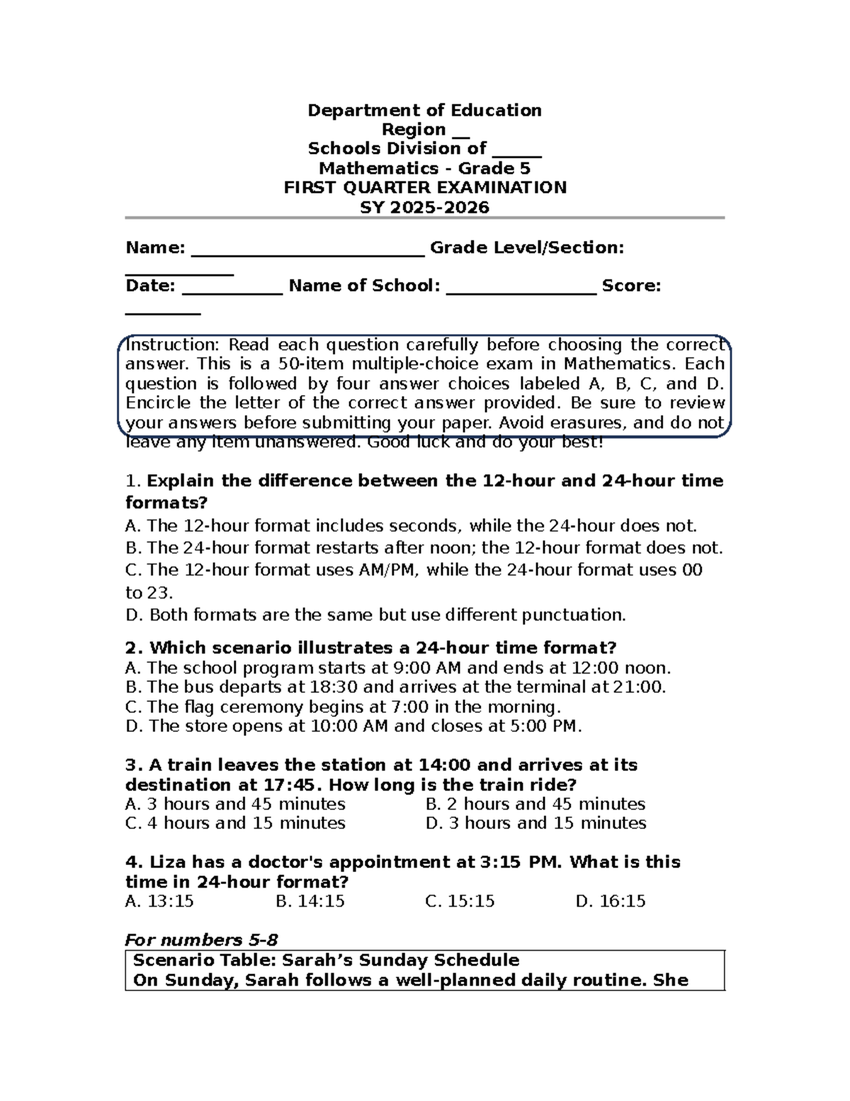 MATH 5 First Quarter Exam: Understanding Time Formats and Geometry ...