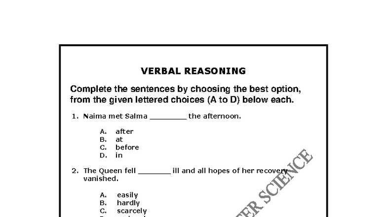 Sample Paper USAT: Verbal Reasoning & Science Exam - Studocu