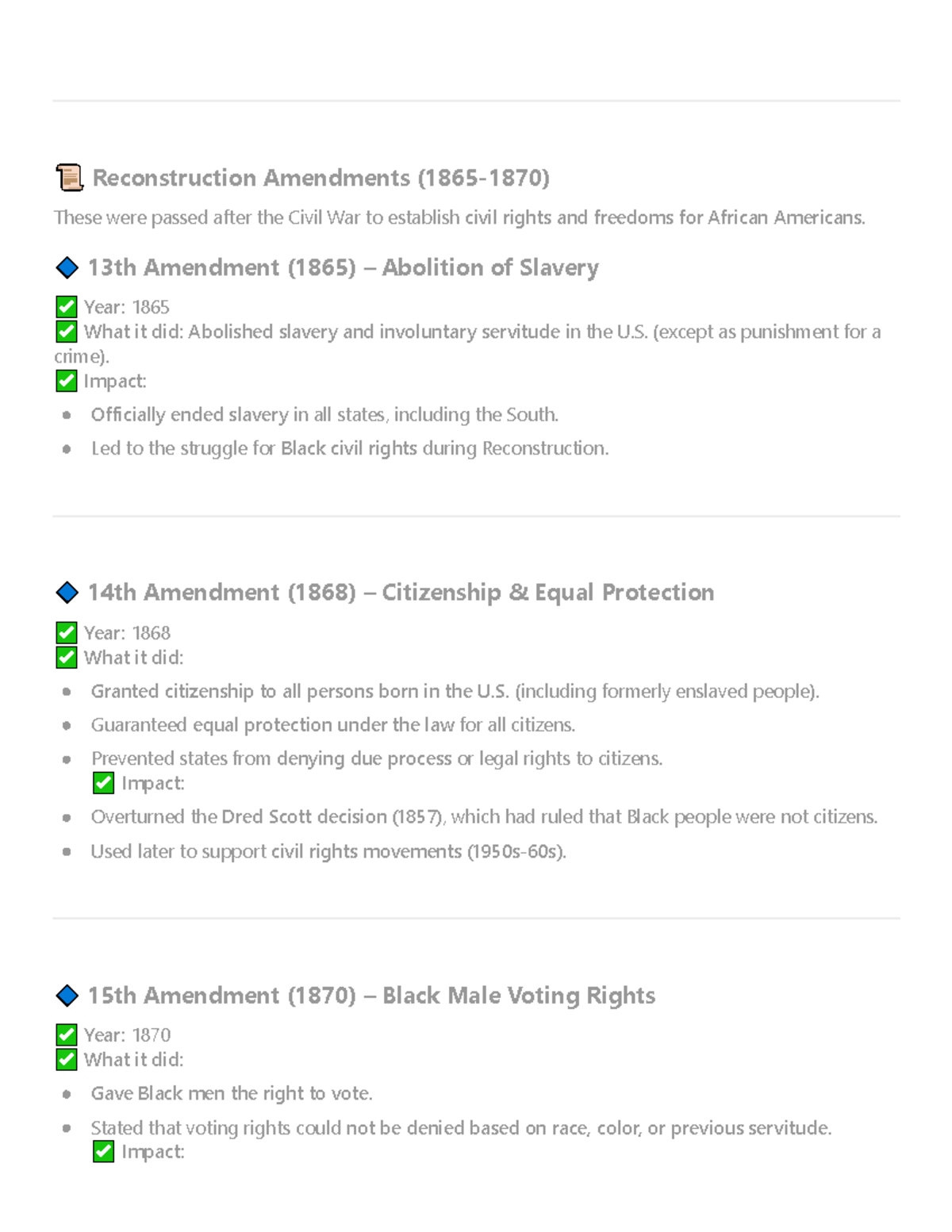 Reconstruction & Progressive Era Amendments - Notes (HIST 101) - Studocu