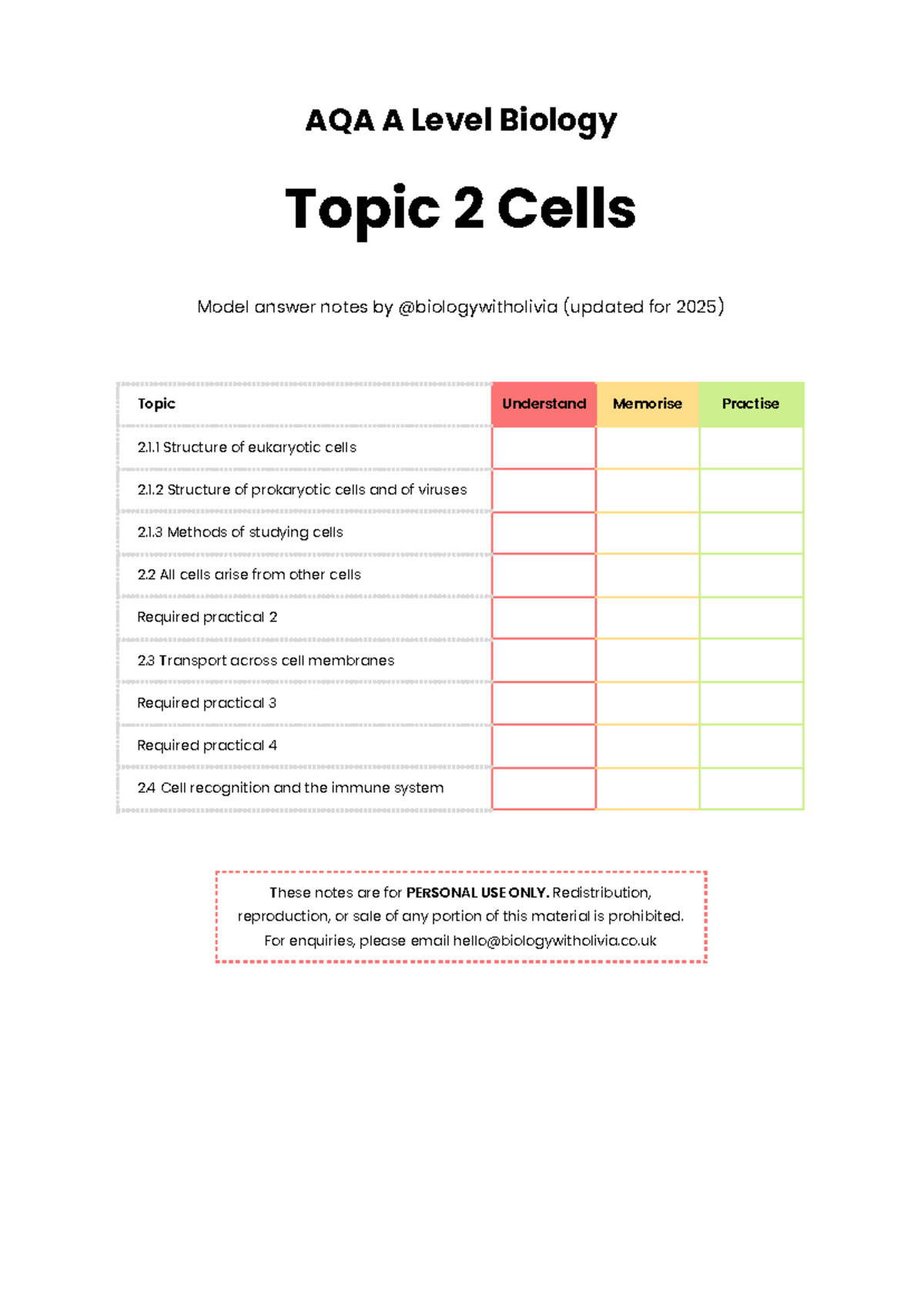 AQA A Level Biology Topic 2: Cells Model Answer Notes (2025 Update ...