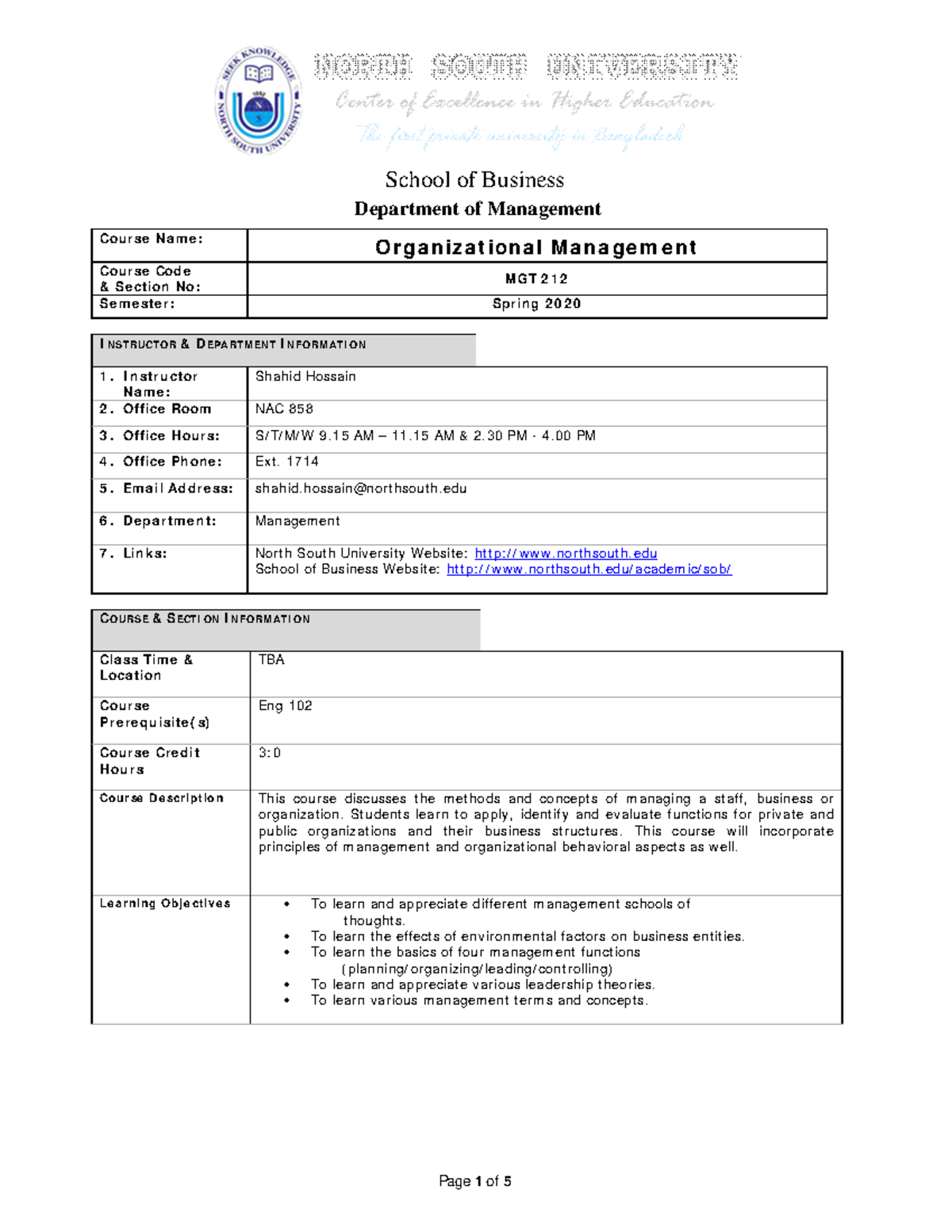 Mgt 212 organizational management course outlines - School of Business ...