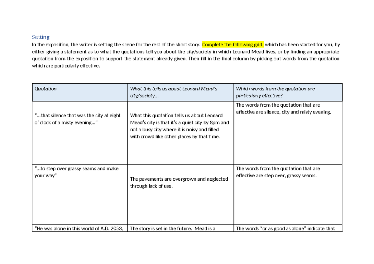 The Pedestrian: Setting and Character Analysis Grids (ENG 101) - Studocu