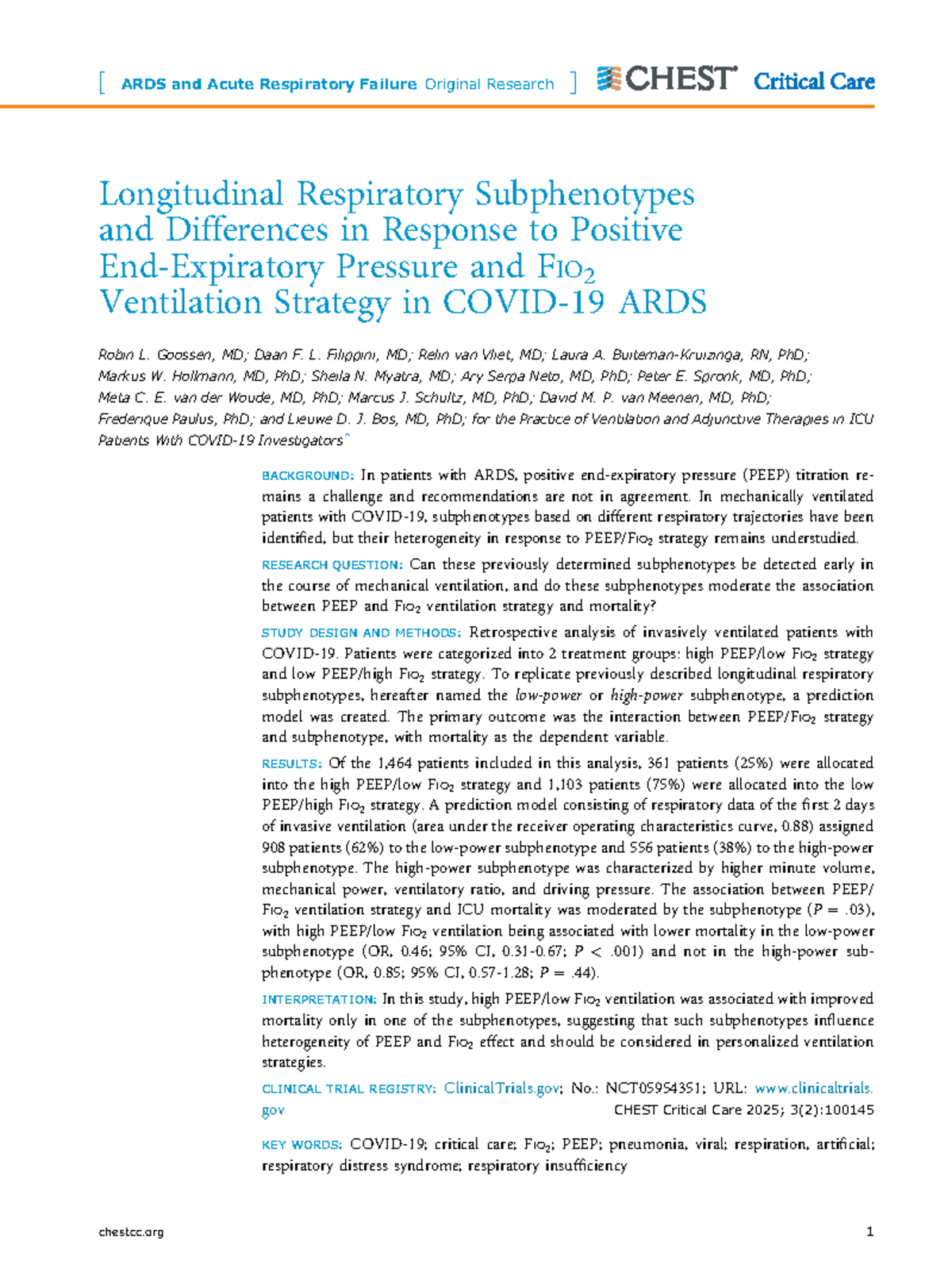 Longitudinal Respiratory Subphenotypes in COVID-19 ARDS: PEEP and FIO2 ...