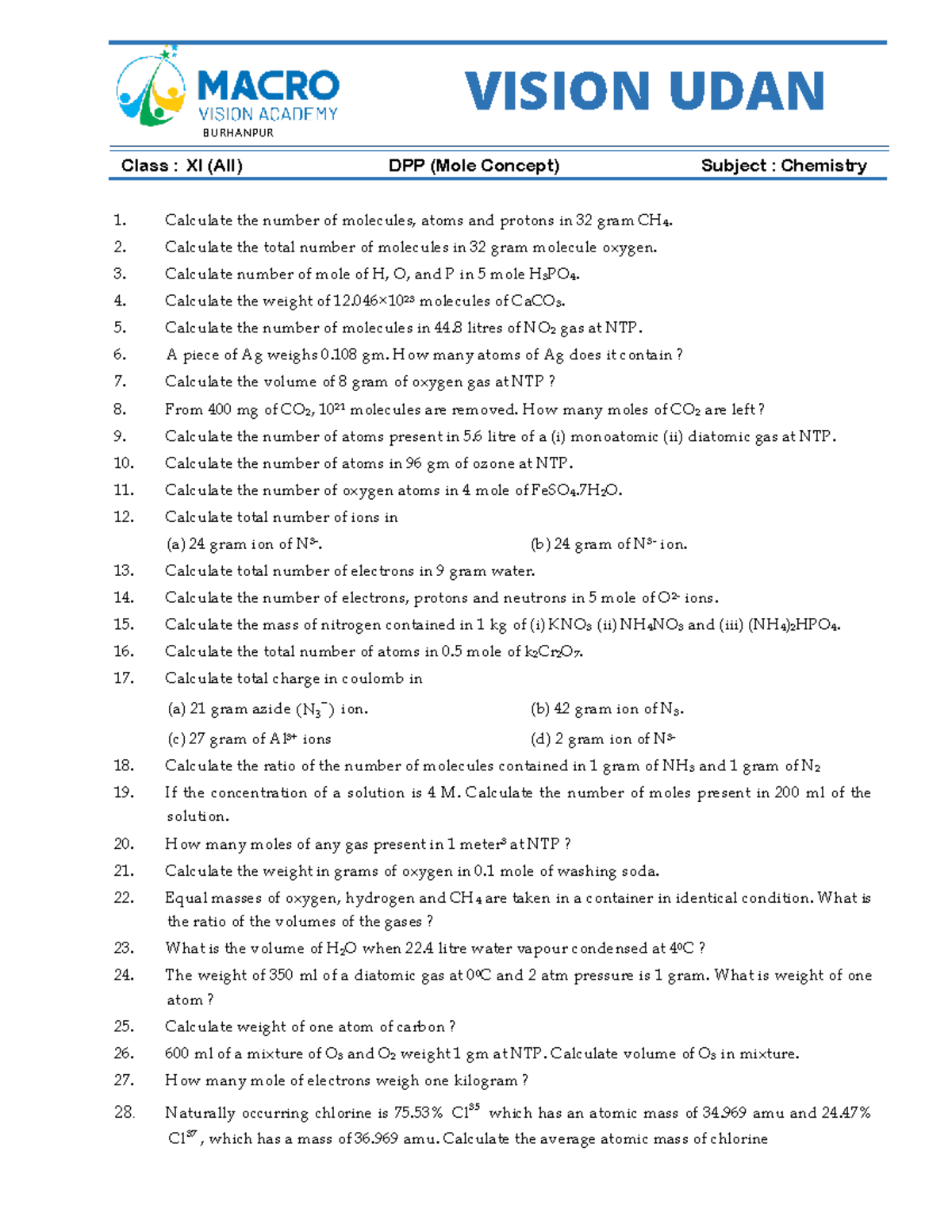 Mole Concept DPP (Class XI) - 100 Questions for Chemistry - Studocu