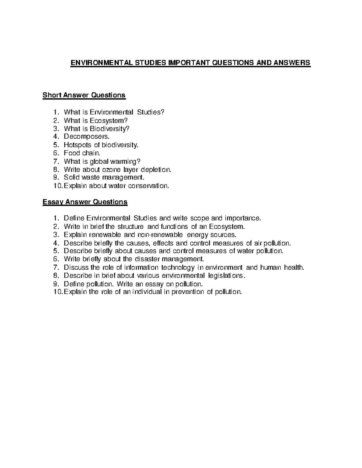 Environmental Science Questions and Answers - ENVIRONMENTAL STUDIES ...