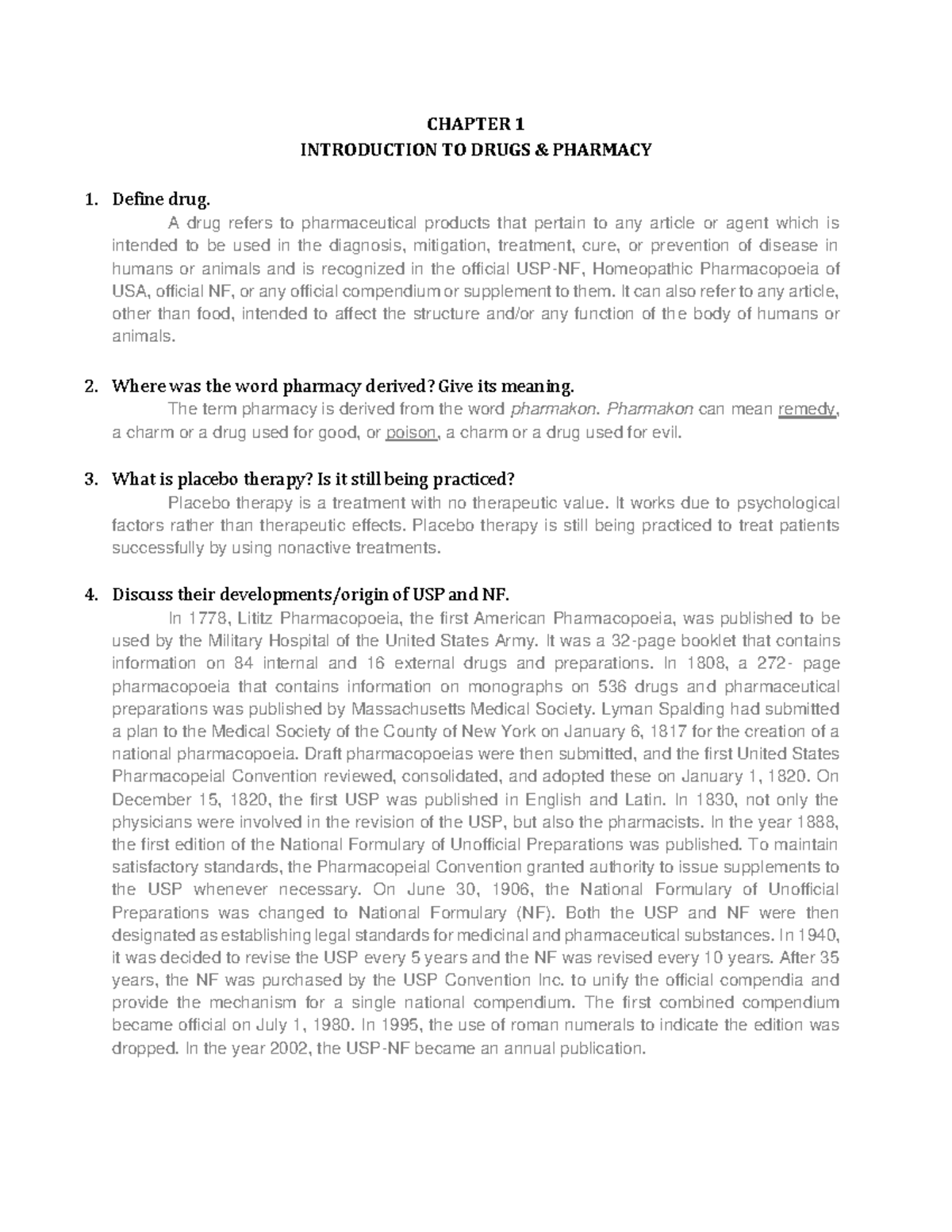 Chapter 1 Introduction to Drugs & Pharmacy - CHAPTER 1 INTRODUCTION TO ...