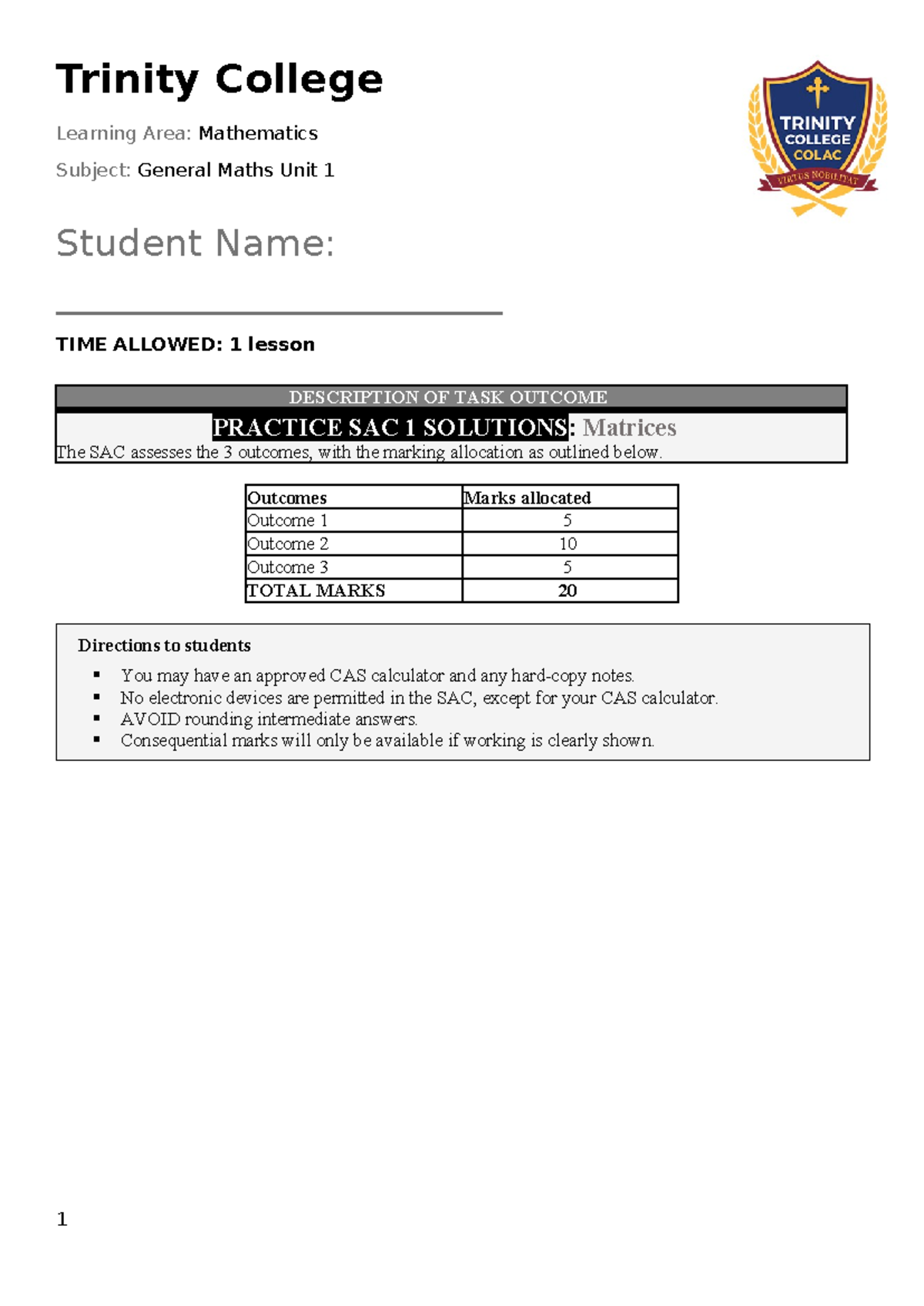 Matrices Practice SAC 1 Solutions - General Maths Unit 1 - Studocu