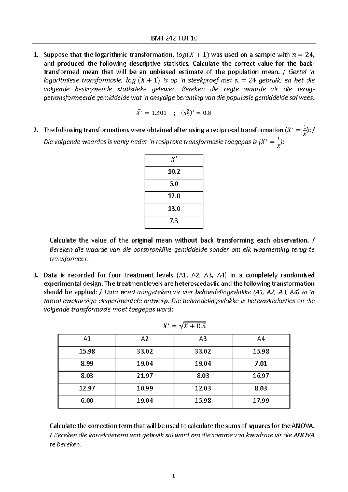 BMT 242 TUT 10 - Logarithmic & Reciprocal Transformations in Statistics ...