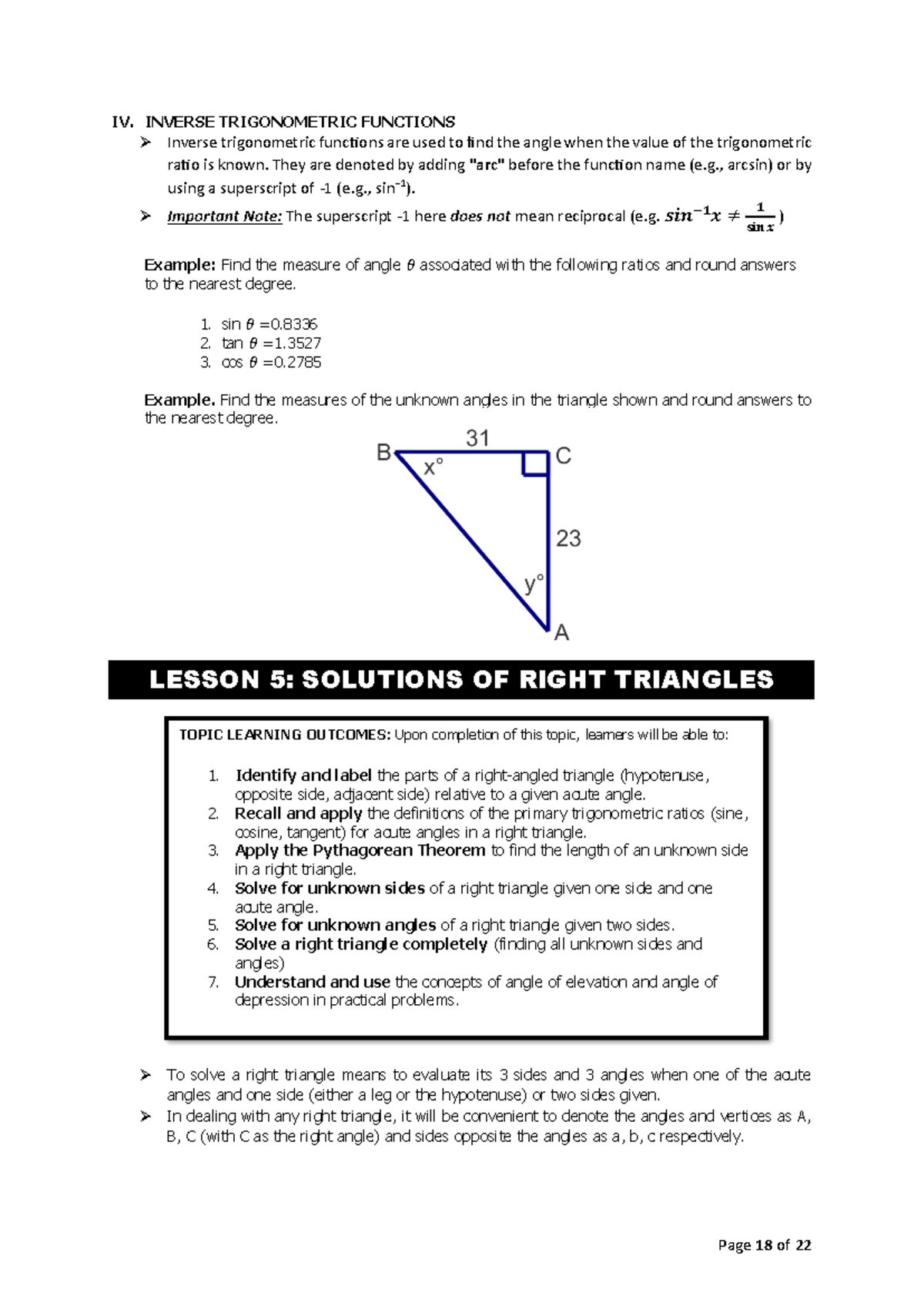 Lesson 5: Solutions of Right Triangles (MATH 101) - Studocu