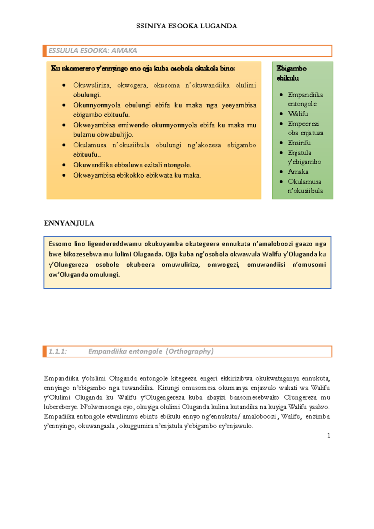 Luganda S.1 Learner's Book Notes: Orthography & Language Skills - Studocu