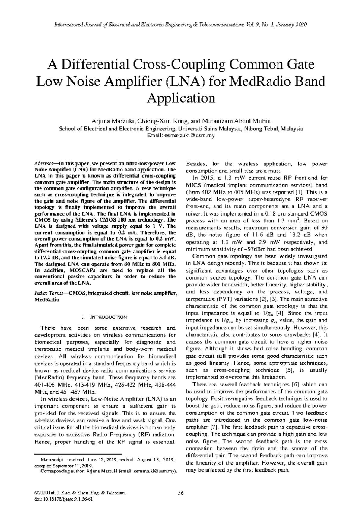 A Differential Common Gate LNA for MedRadio Applications (EE 2020 ...