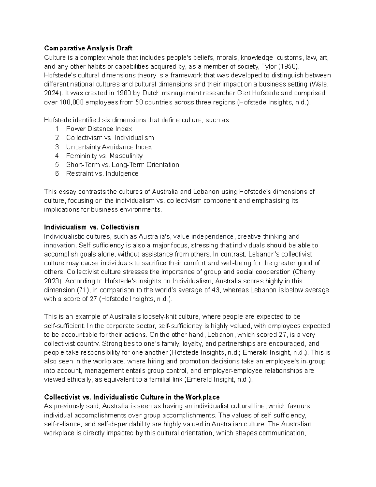 Comparative Analysis of Individualism vs. Collectivism: Australia ...