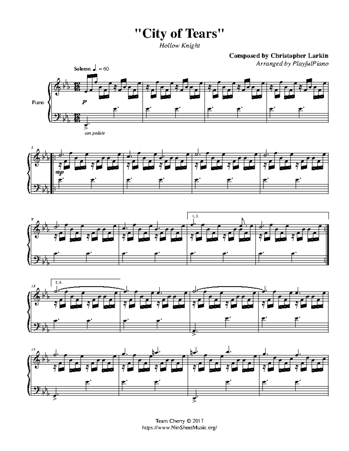 Hollow Knight - City of Tears - & ? bbb bbb 16 12 16 12 Piano œ œ œ œ œ ...