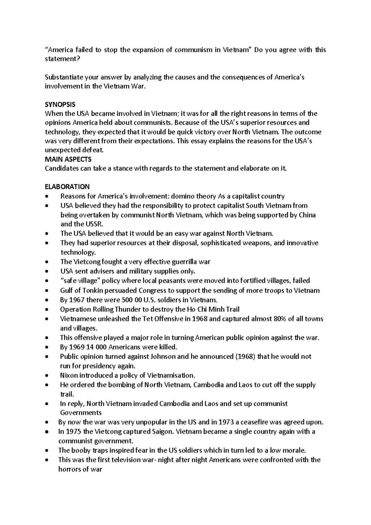 Vietnam War Analysis Essay Notes - Grade 12 History - Studocu