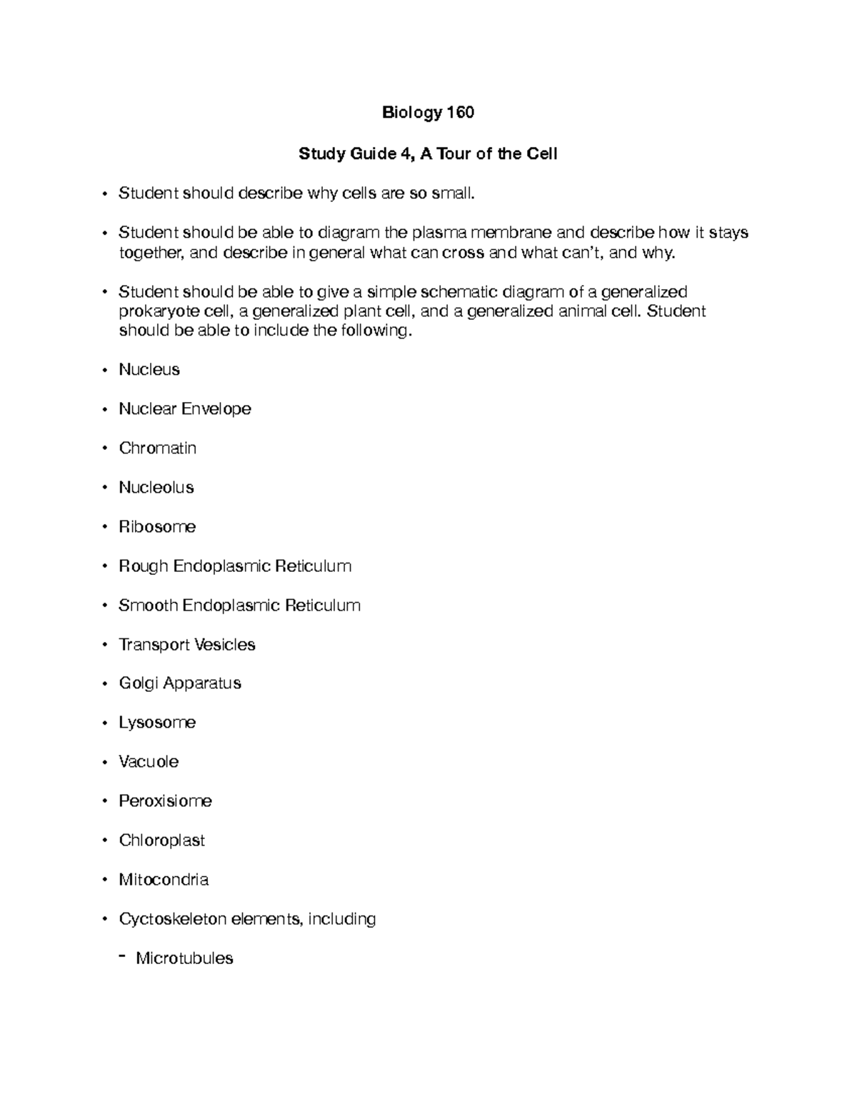Biology 160 Study Guide: Chapter 4 - A Tour of the Cell - Studocu