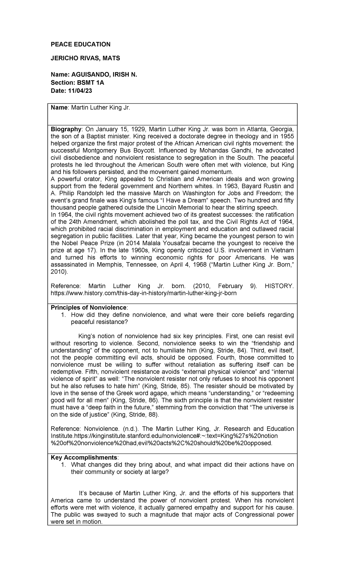 BSMT 1A Week 9 Assignment: Nonviolence Principles of Martin Luther King ...