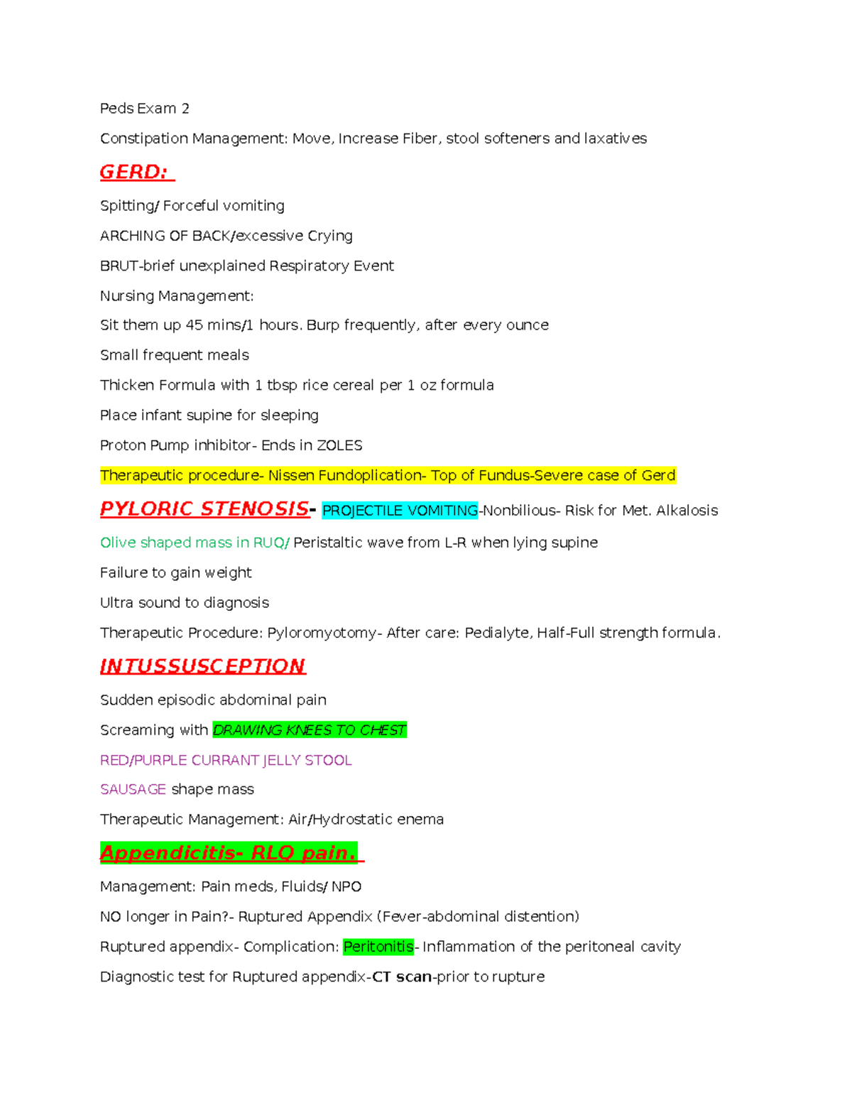 Peds Exam 2 Study Guide: Constipation, GERD, Intussusception & Celiac ...