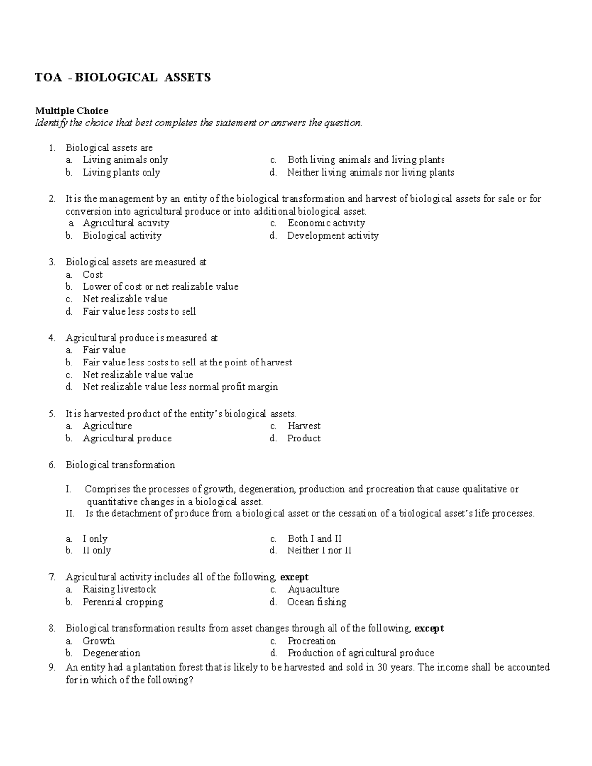 TOA - Biological Assets Quiz: Key Concepts and Multiple Choice Answers - Studocu
