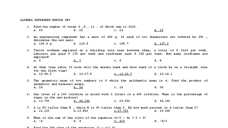 Algebra Refresher Module SET 1: Practice Problems and Solutions - Studocu