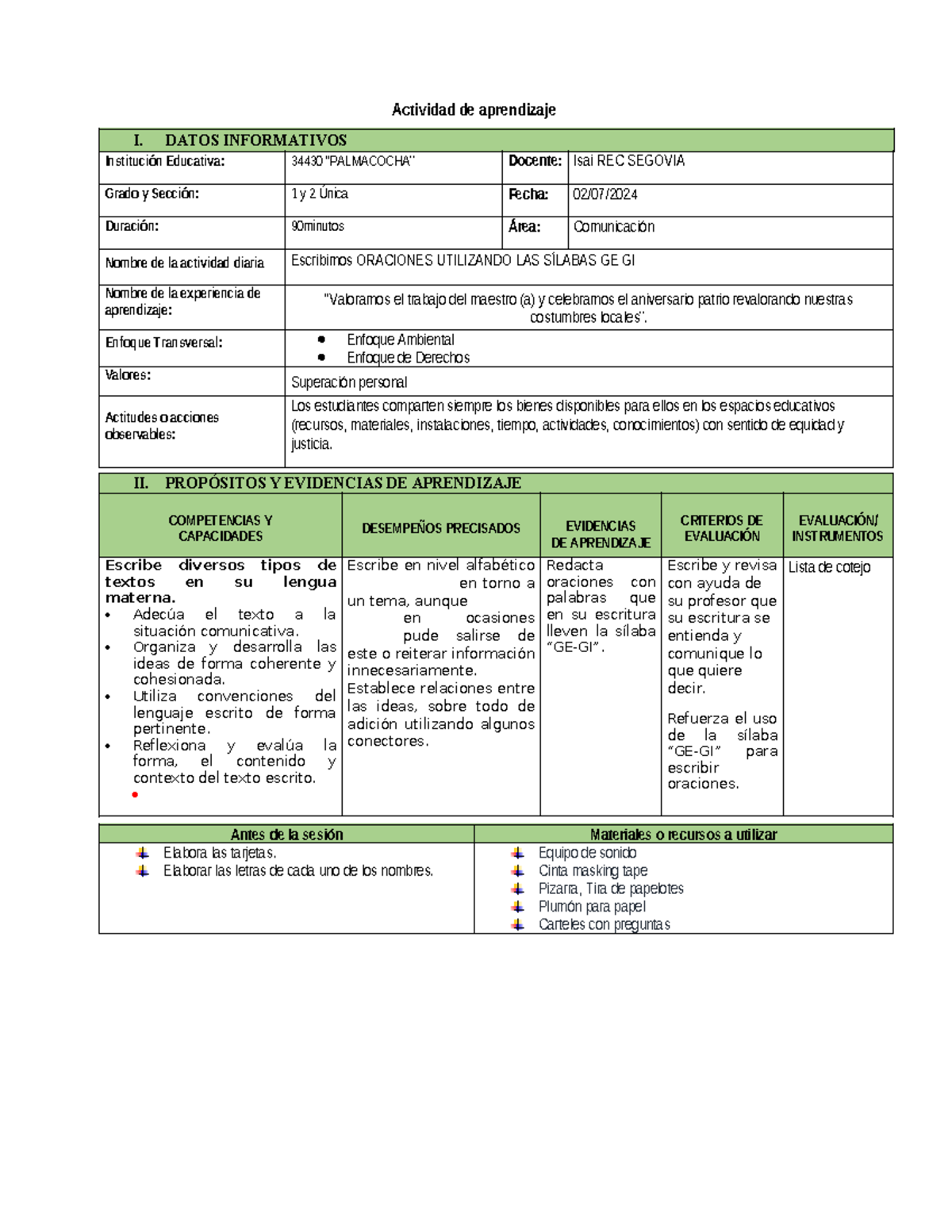 Actividad de Aprendizaje I: Escribimos Oraciones con Sílabas GE GI ...