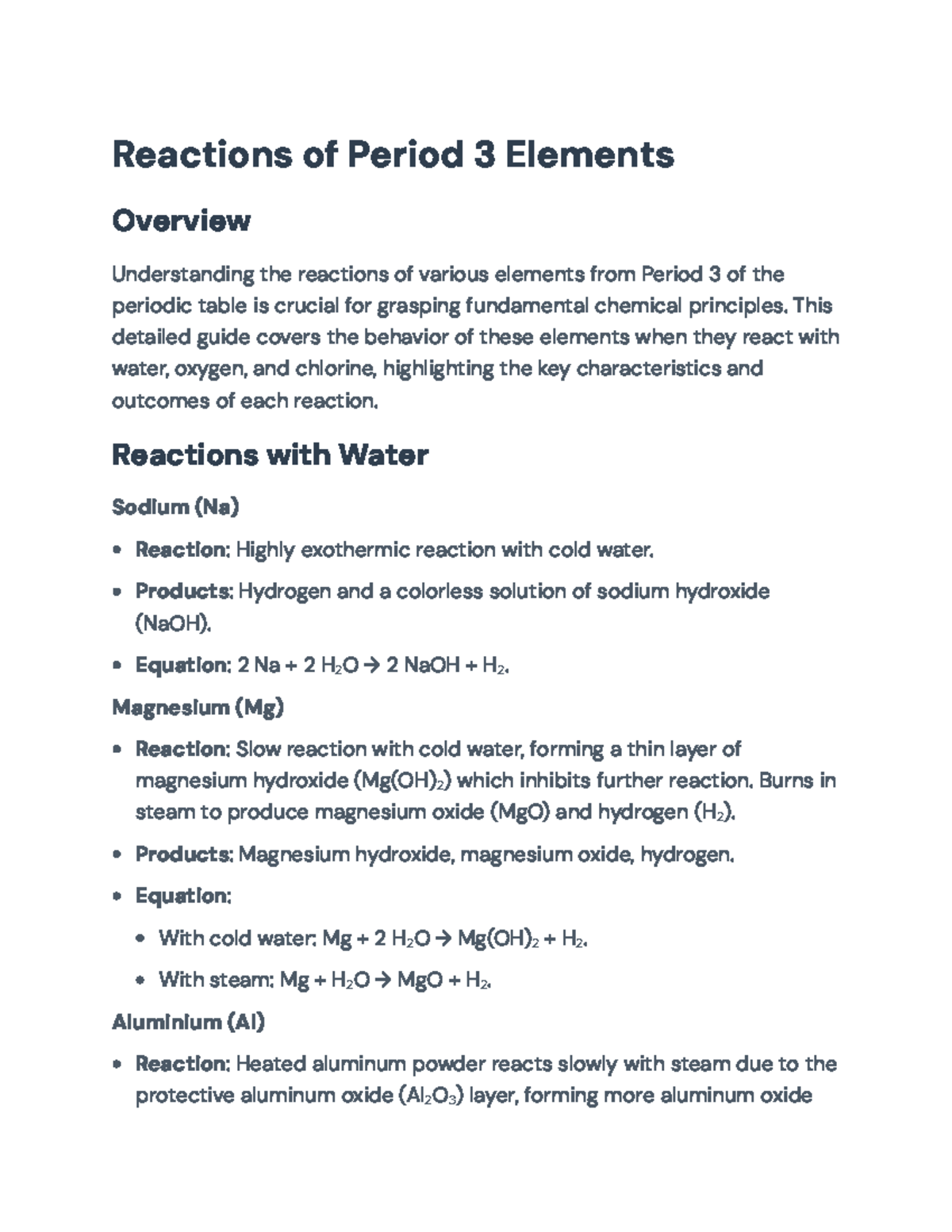 Reactions of Period 3 Elements: Water, Oxygen, and Chlorine Analysis ...