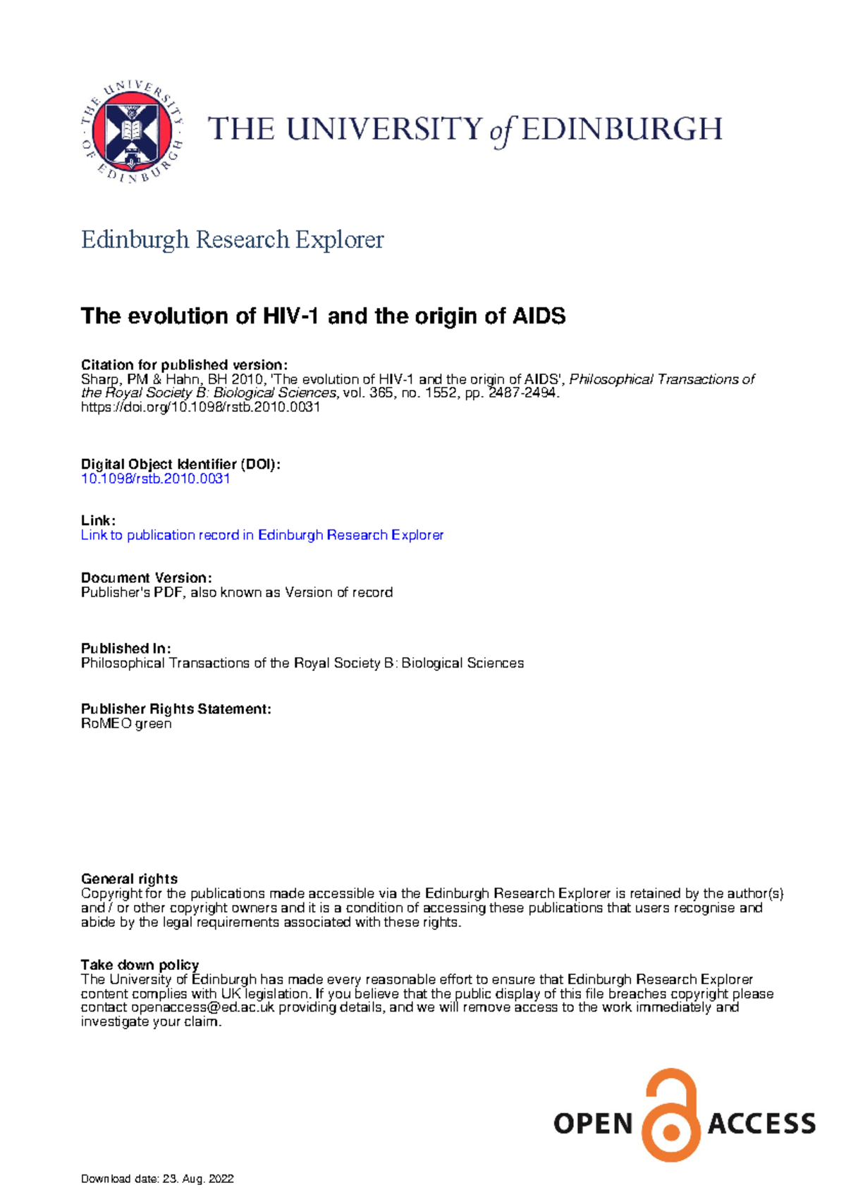 The Evolution of HIV-1 and the Origin of AIDS (3VZ26E1EBX) - Studocu