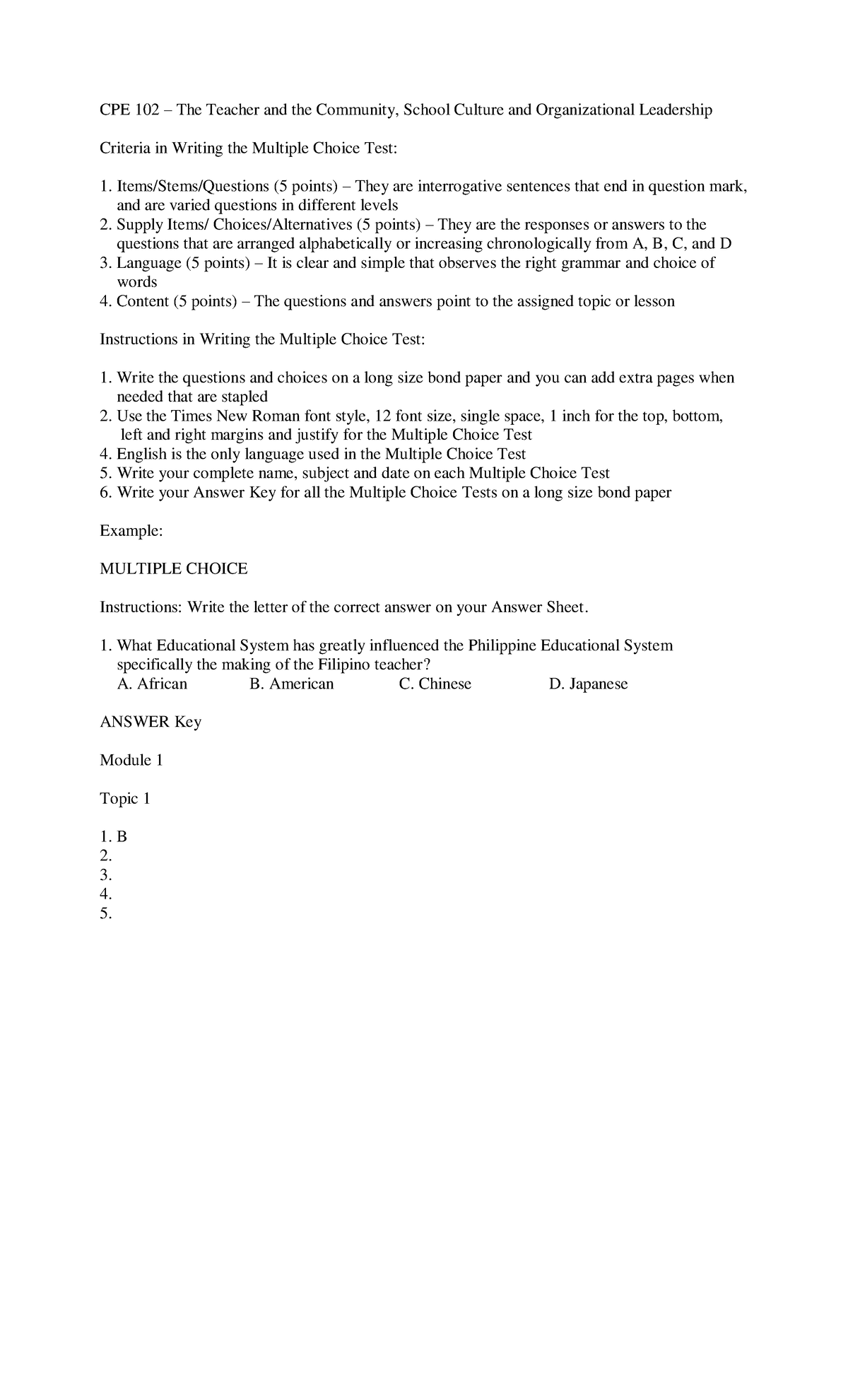 CPE 102 Guidelines for Writing Multiple Choice Tests - Studocu