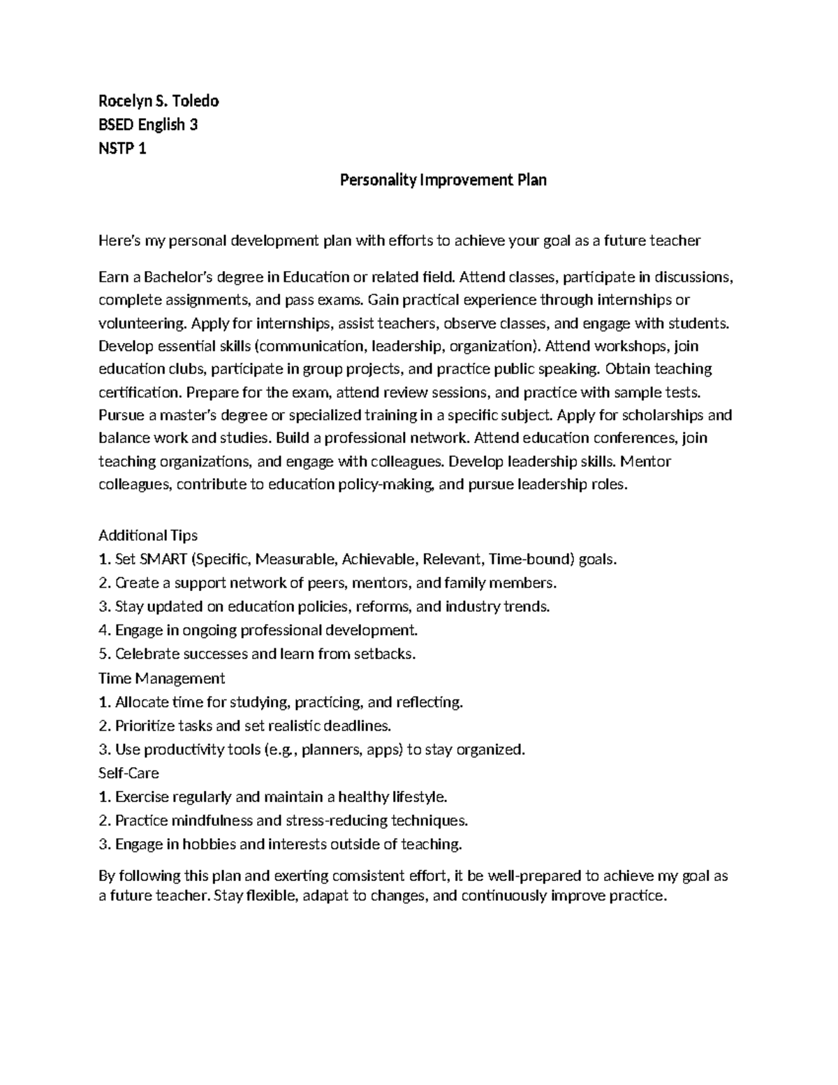 Personality Development Plan - Rocelyn S. Toledo BSED English 3 NSTP 1 ...