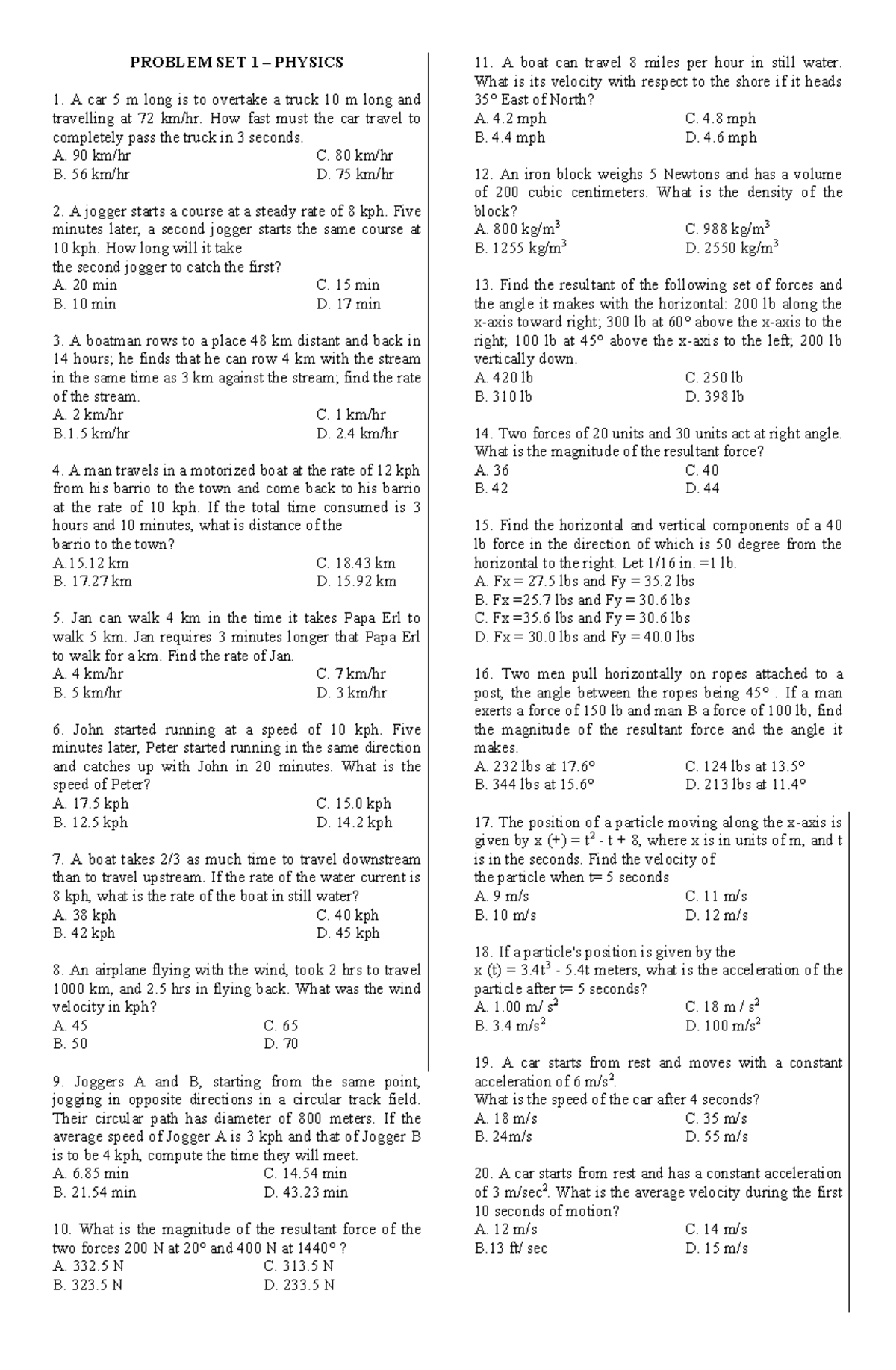 Physics Problem Set 1: Kinematics & Dynamics Questions - Studocu