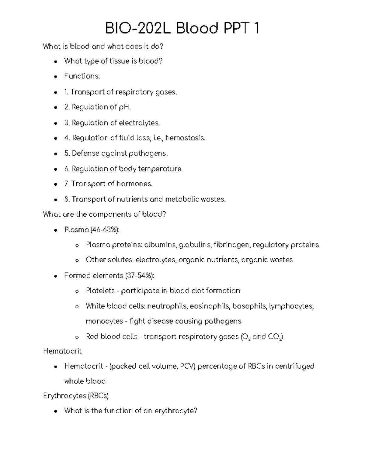 BIO-202L Blood Lecture Notes - Functions, Components & More - Studocu