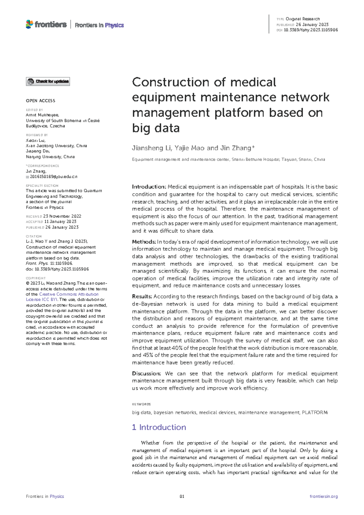 Construction of Medical Equipment Maintenance Platform Using Big Data ...