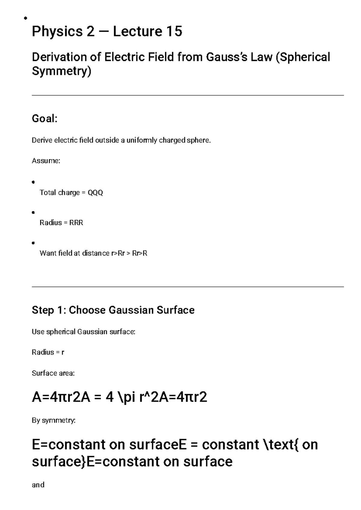 Physics 9 Lecture Notes: Deriving Electric Field from Spherical ...