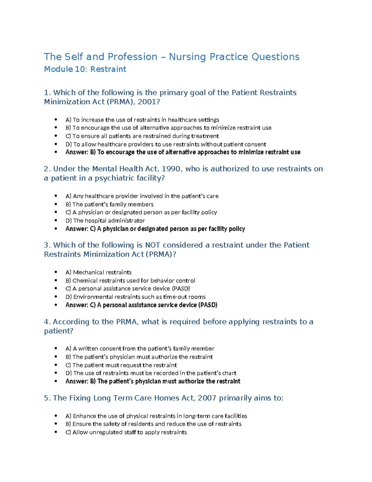 The Self and Profession Nursing Practice Questions - Module 10 ...