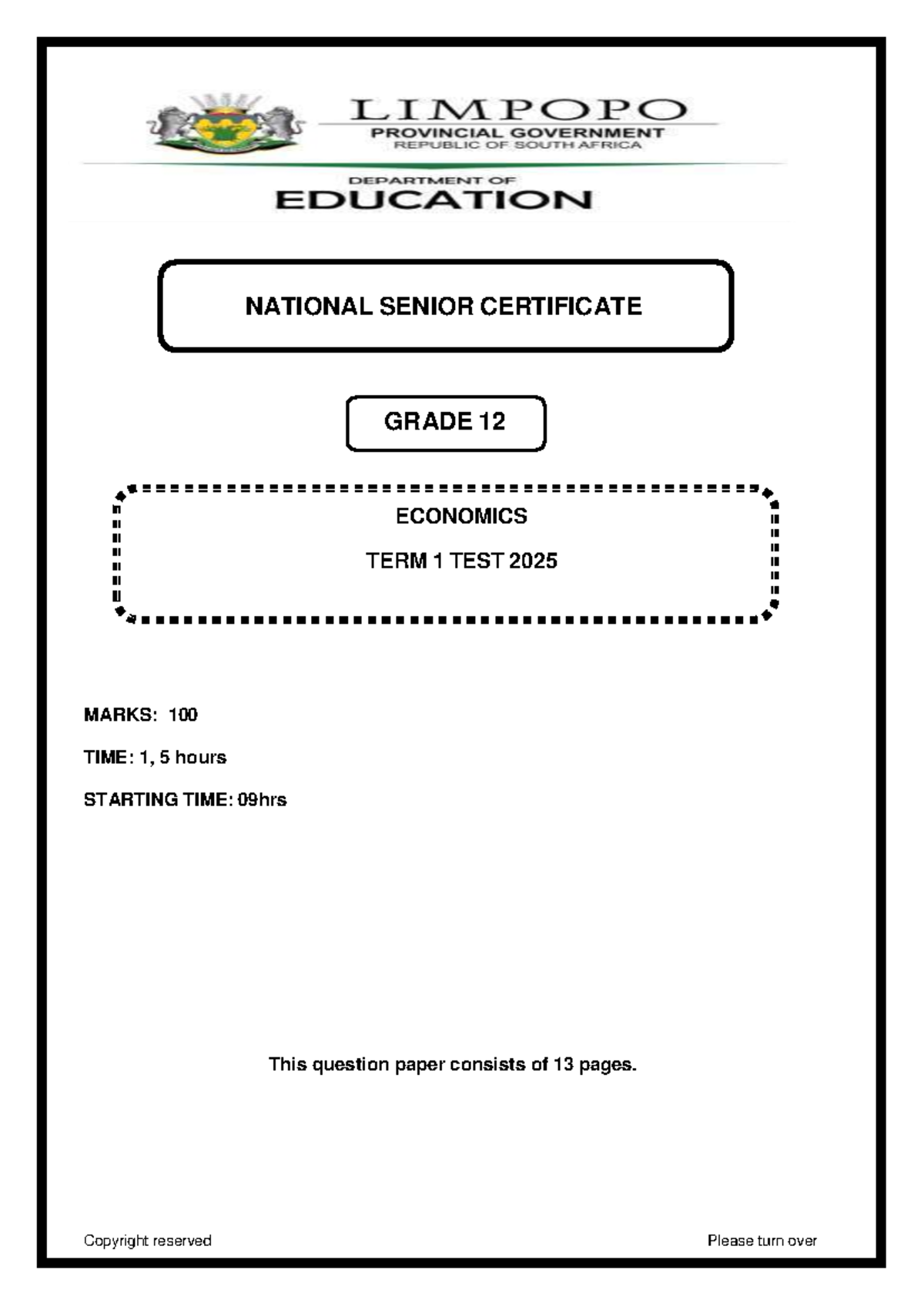 ECON 2025 Term 1 Test Paper with Marking Instructions and Structure ...