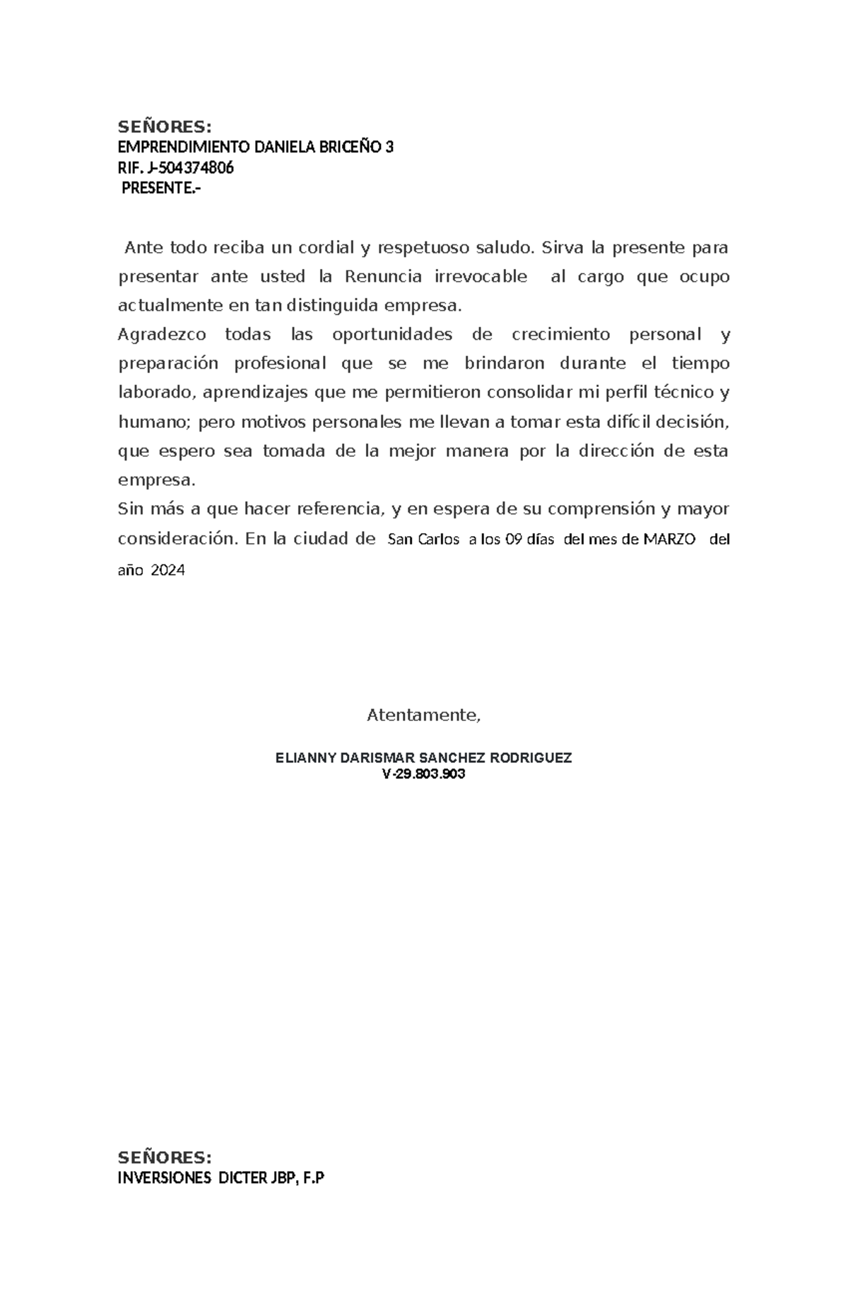 CARTA DE RENUNCIA - JOSE ANGEL 123 - Studocu