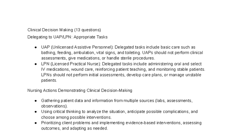 Nursing Care Study guide - Clinical Decision Making (13 questions ...