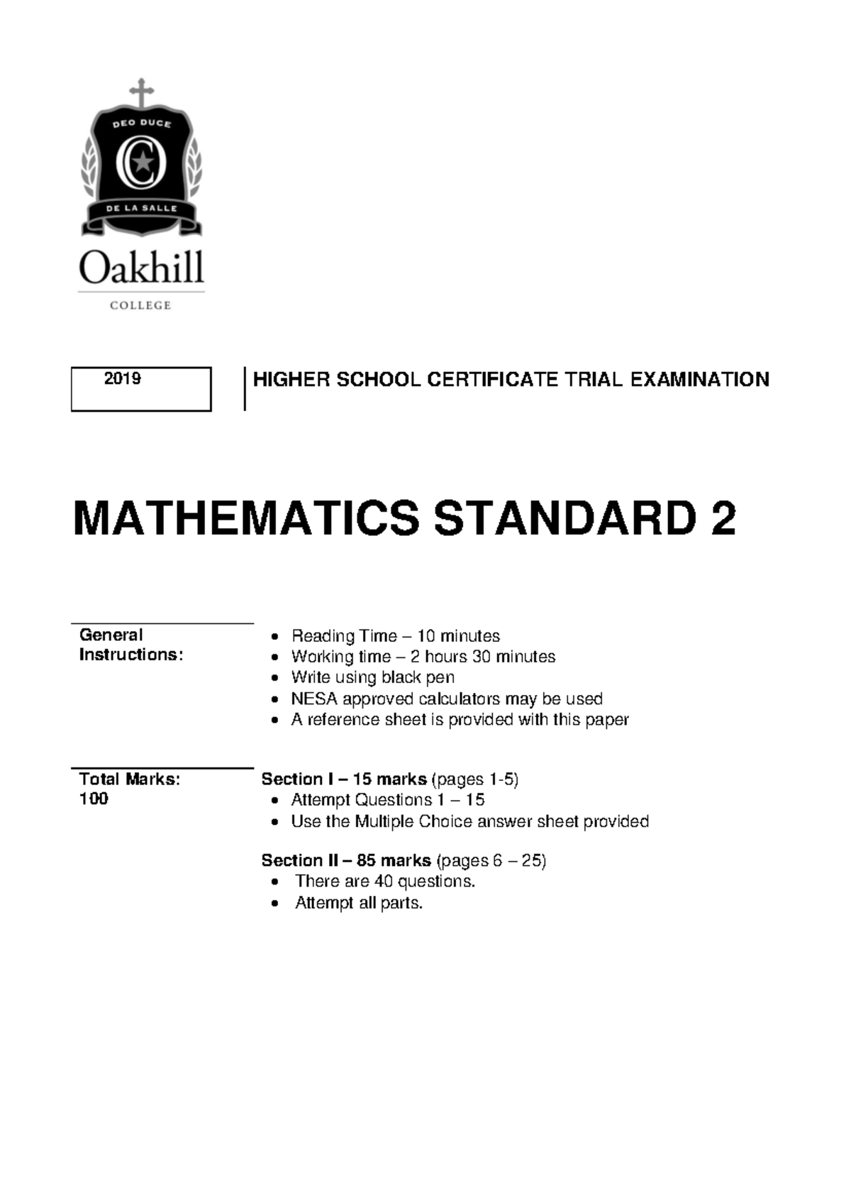 Oakhill Year 12 Mathematics Standard 2 Trial Exam 2019 - Studocu
