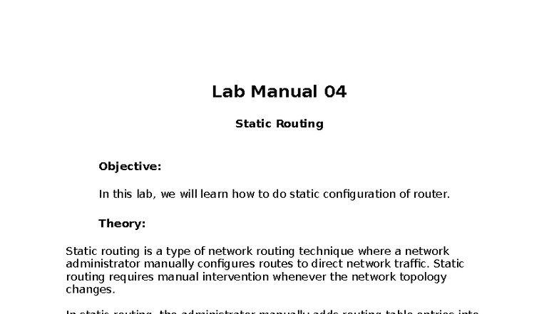 Lab Manual 04: Static Routing Configuration and Implementation - Studocu