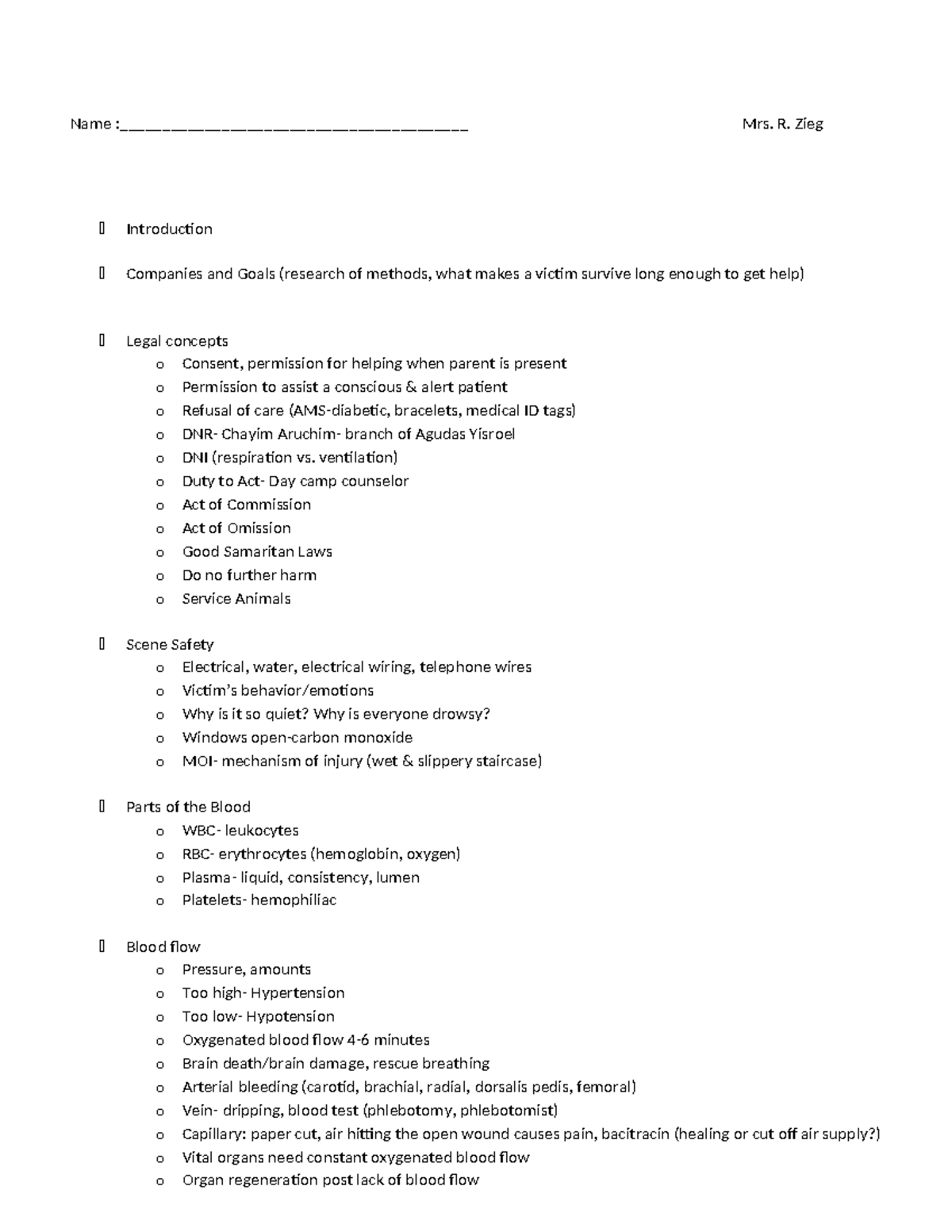Chapter one outline R. Zieg 1 - Name ...